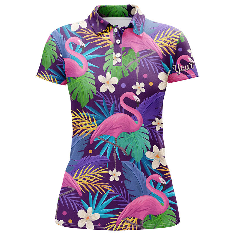 Custom Women's Golf Polo Shirt with Colorful Floral Flamingo Pattern a