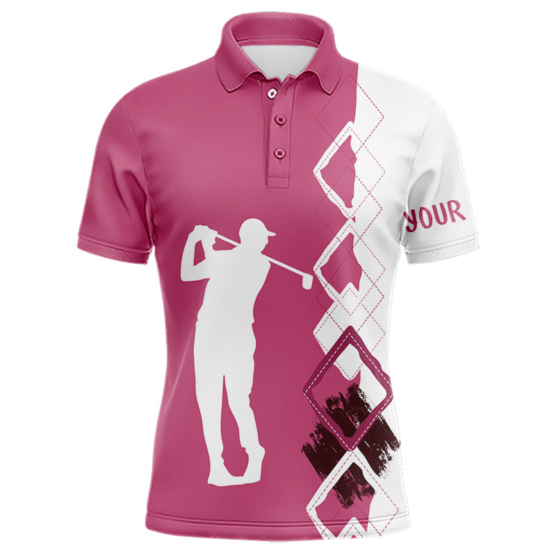 Men's Pink and White Argyle Pattern Golf Polo Shirt - Custom Team Golf