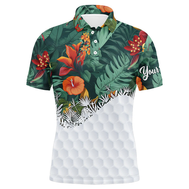 Customized Men's Golf Polo Shirts with Green Tropical Plants and Flowe