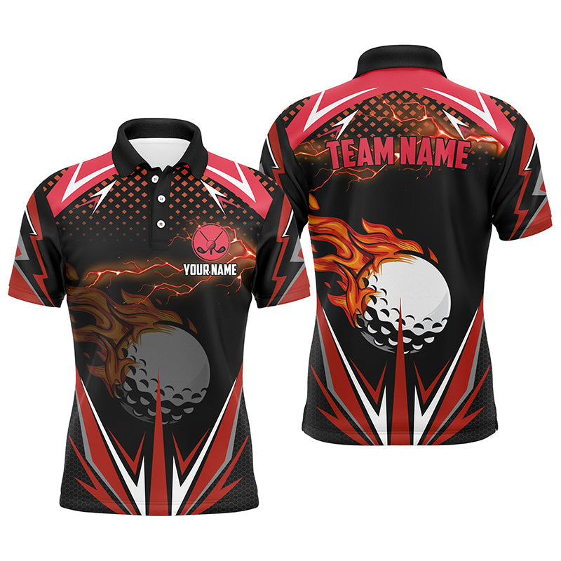 Custom Black Men's Golf Polo Shirts with Red Fire Lightning Design - P