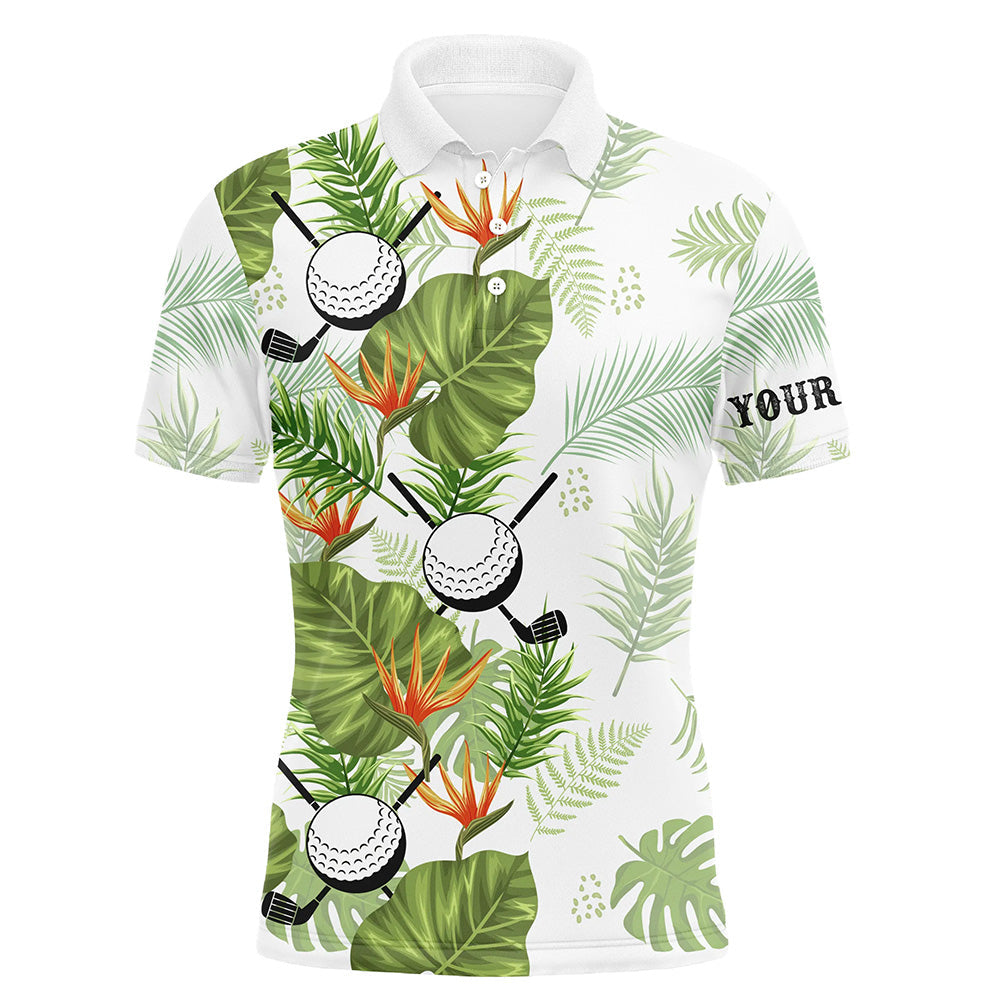 Men's Custom Golf Polo Shirt with Green Tropical Leaf Pattern - Premiu