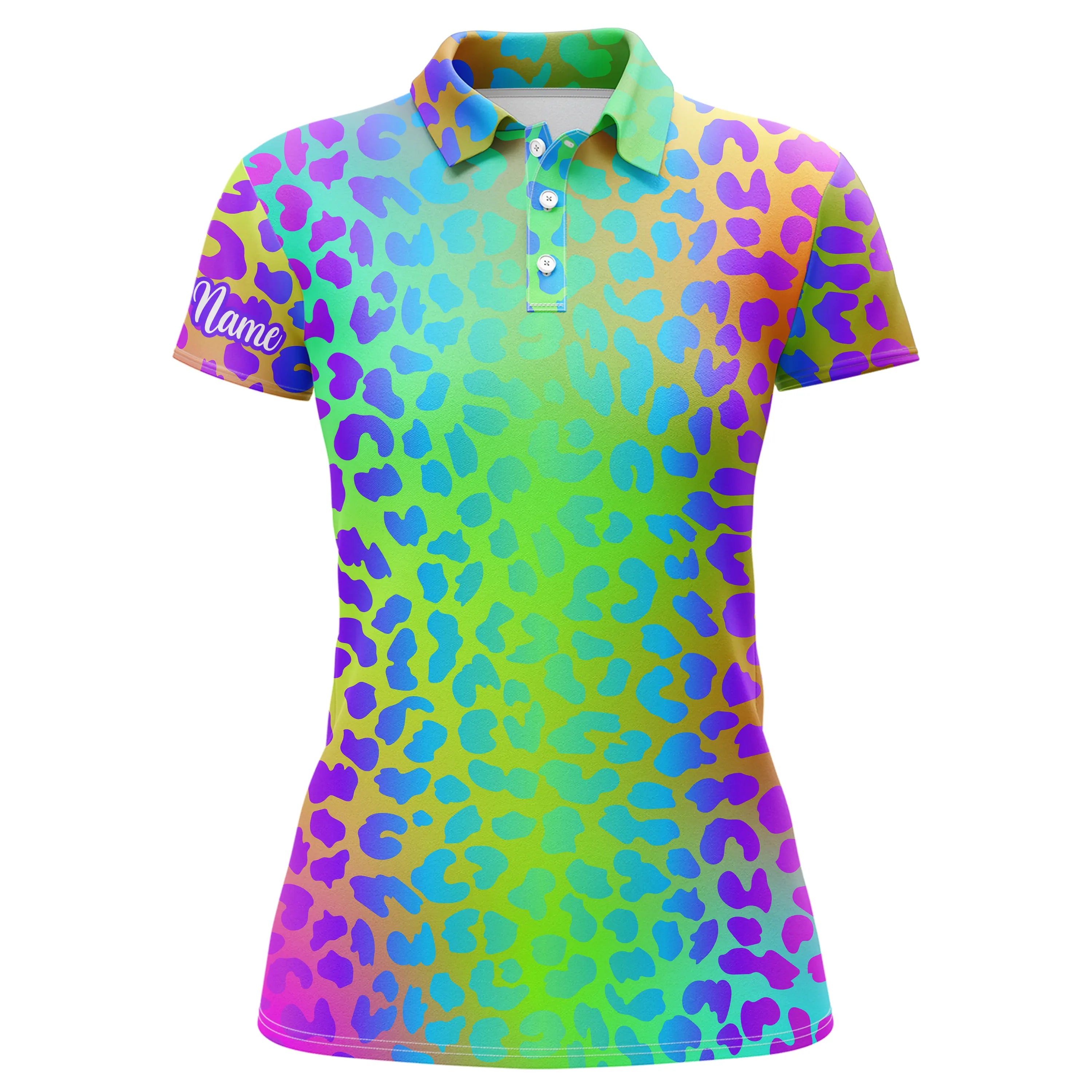 Women's Neon Rainbow Leopard Print Custom Golf Polo Shirt - Stylish La
