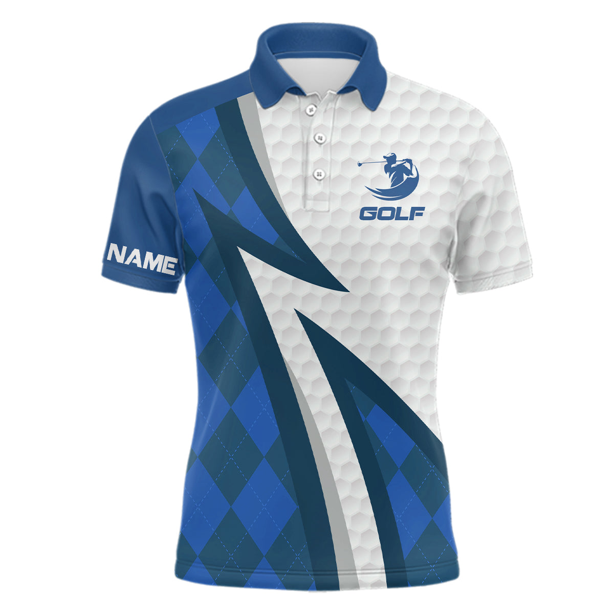 Men's Personalized Blue Argyle Golf Polo Shirt with White Golf Ball De