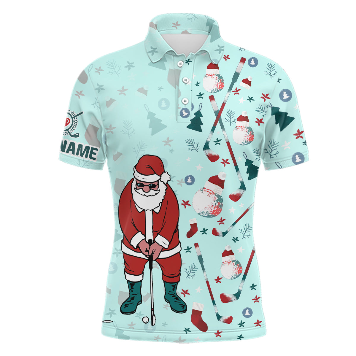 Festive Golf Pattern Mint Men's Polo Shirt - Santa Golfing Top for Men
